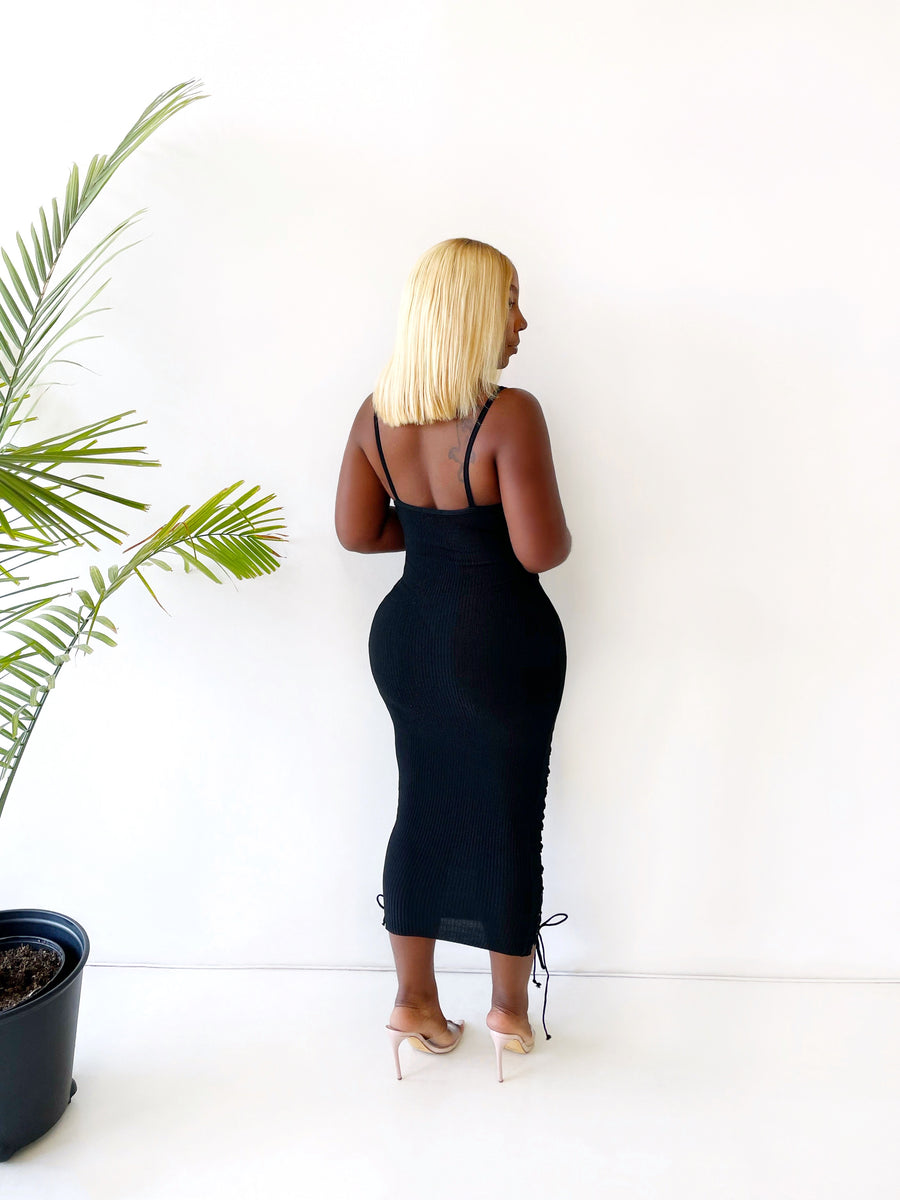 Slick Slay Lace Up Ribbed Maxi Dress in Black – Cocoa Brownin'